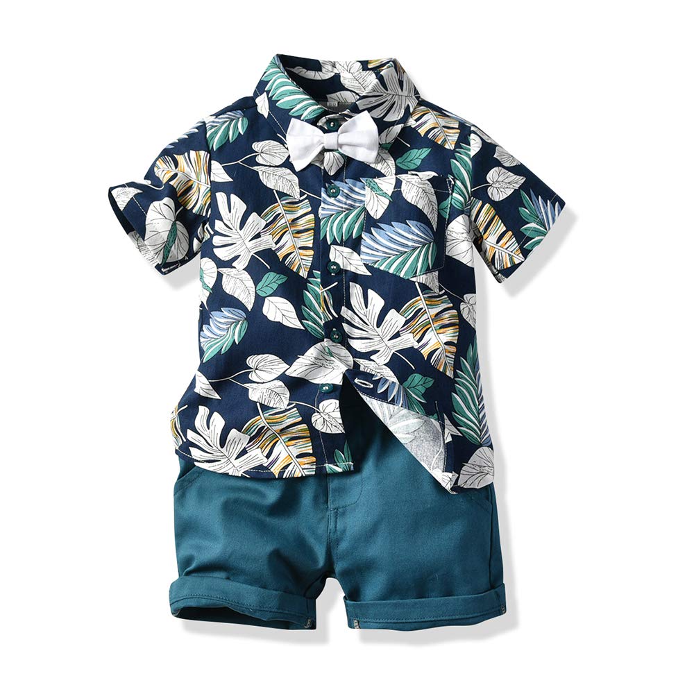 Joycebaby Toddler Baby Boys Clothes Outfits Hawaiian Aloha Short Sleeve Shirt and Pant Set(Navy Blue, 100/3T)