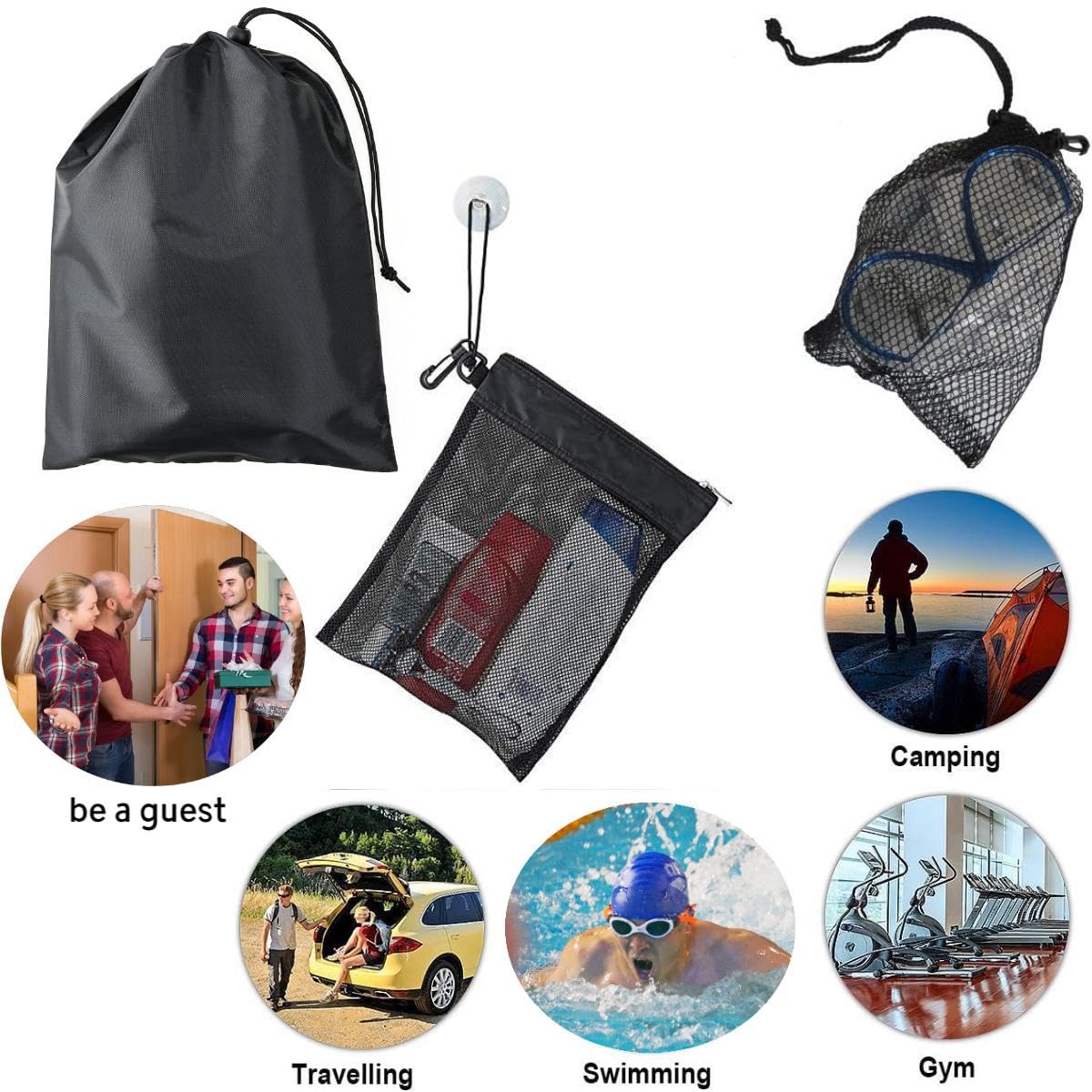 VUFVOID Shower Bag Tote, Mesh Shower Bag ,Portable Organizer, Compact and Lightweight With Suction Cup, Cord for Hanging, Zipper and Drawstring Pouch(12”L x 9”W, 14”L x 10”W)