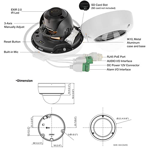 HITOSINO 4MP Dome PoE IP Camera - DarkFighter 0.003 Lux@F1.4, Smart VCA Human/Vehicle Detection, 98ft Night Vision, Mic, Alarm Input/Output, Metal IP67 IK10
