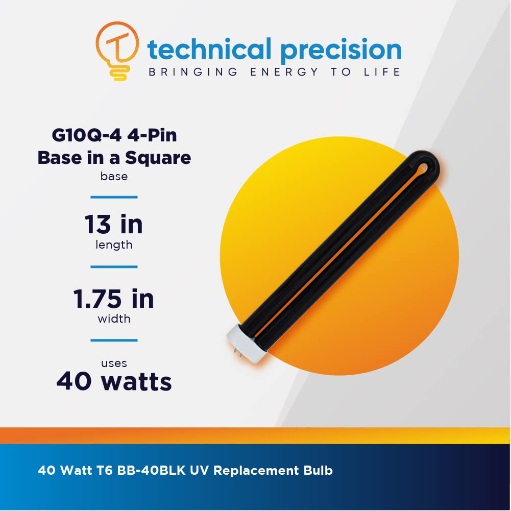 40 Watt UV Replacement Bulb For Black Flag Black Light BB-40BLK By Technical Precision - T6 Black Flag Bug Zapper Bulb Replacement with G10q-4 Square 4 Pin Base - 7500 Hours - 2 Pack