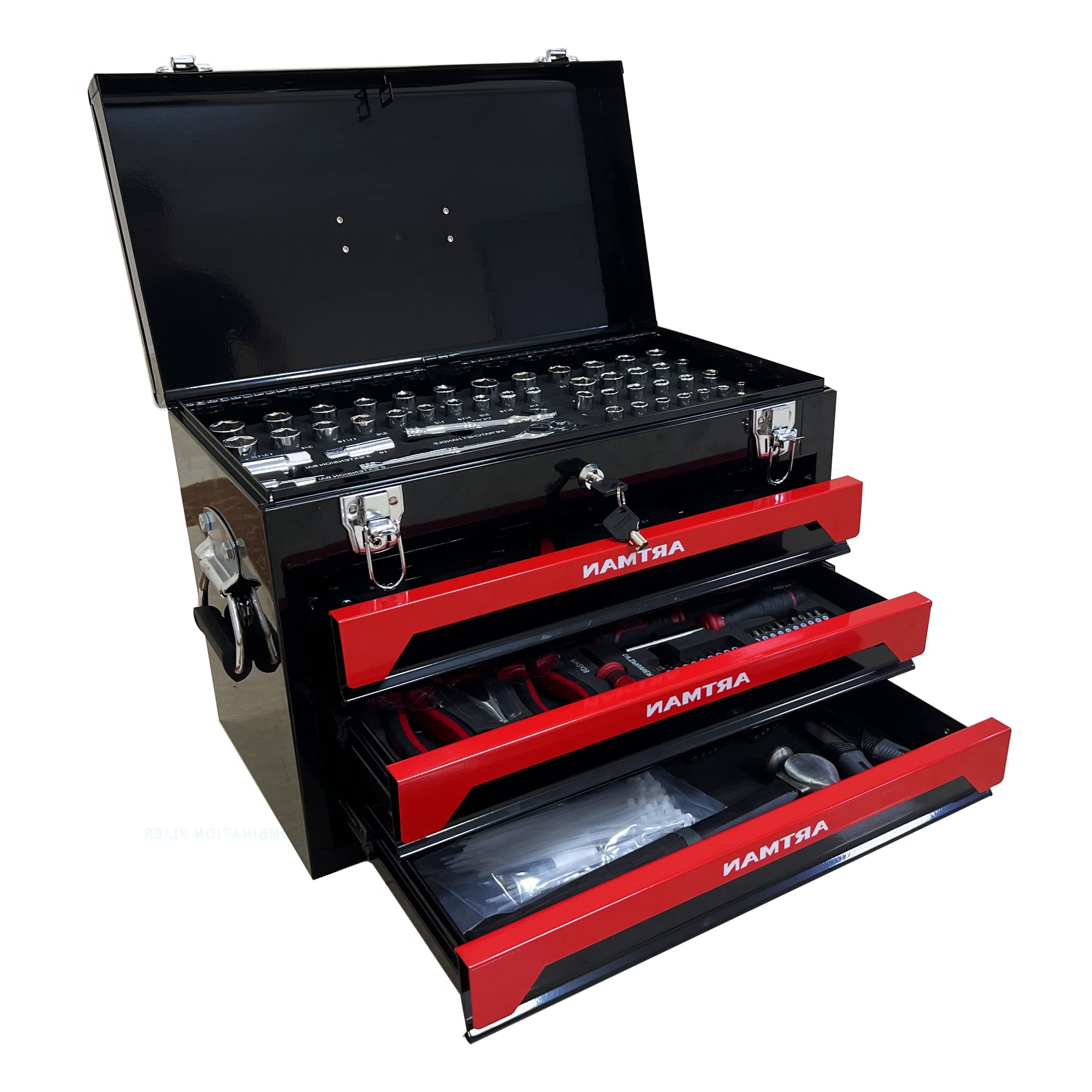 3 Drawer Tool Box with Tool Set - 439 Pieces, Heavy Duty Metal Box with 3 Drawers, Repair Tool Kit for Workshop Maintenance and Repair Items