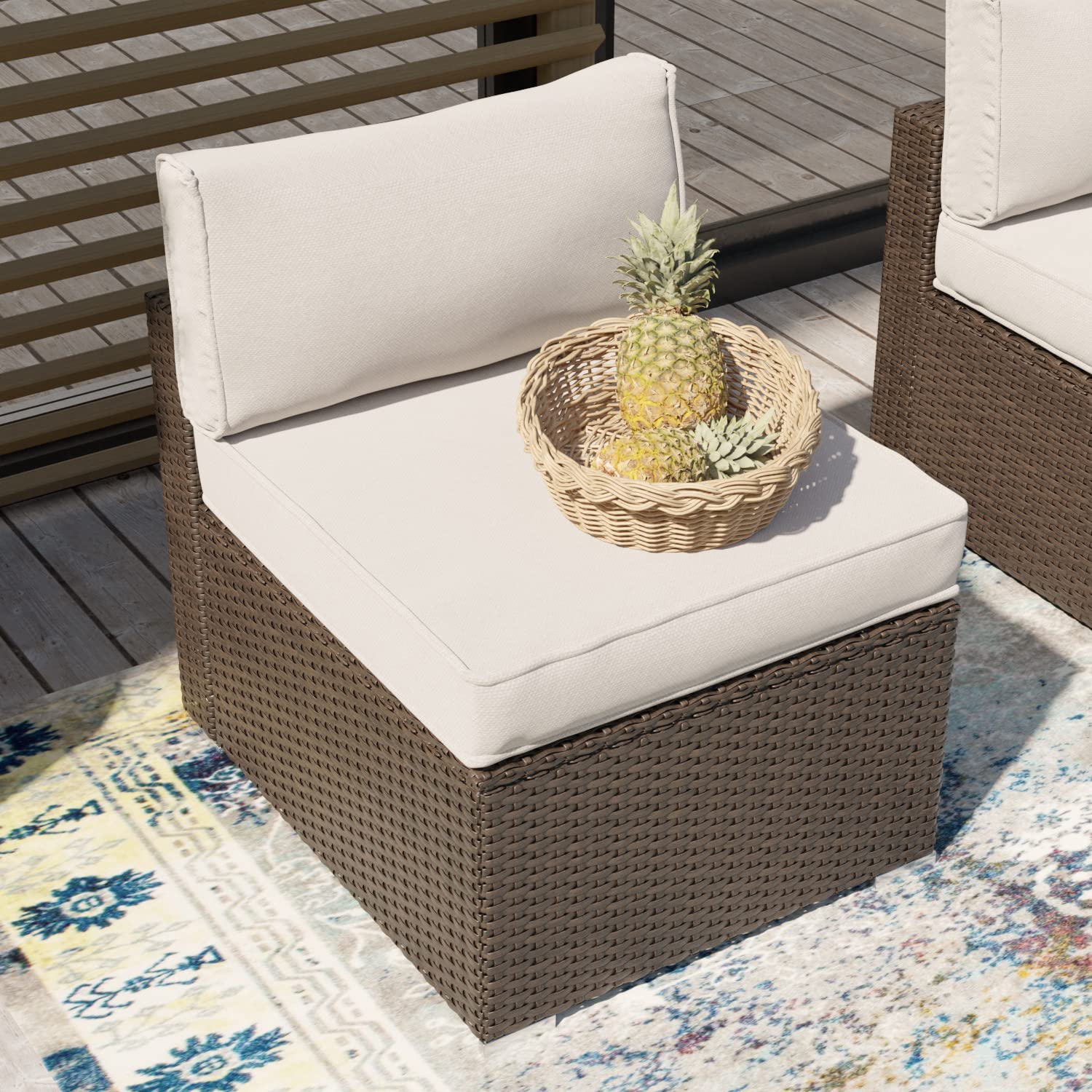 SUNBURY Patio Sectional Sofa Chair, Add-on Wicker Armless Chair in Off White Cushion, Brown Wicker Outdoor Furniture Seating for Backyard Garden Porch