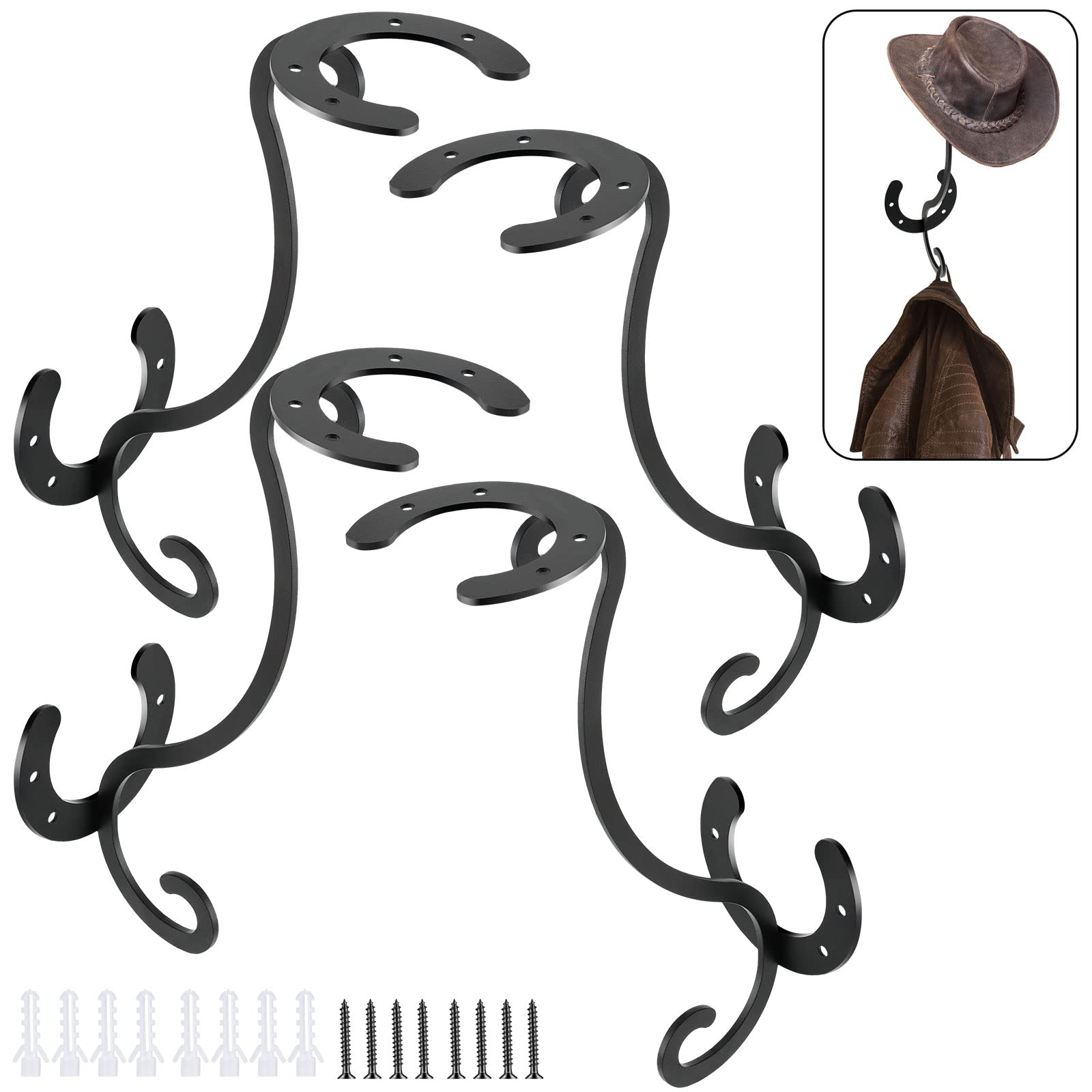 Qunclay Western Cowboy Hat Holder Hanger for Wall Decorative Wall Mounted Hat Rack Metal Iron Horseshoe Hook Rustic Hat Organizer for Coat Key Door Closet Home Bedroom Storage and Display (4 Pcs)