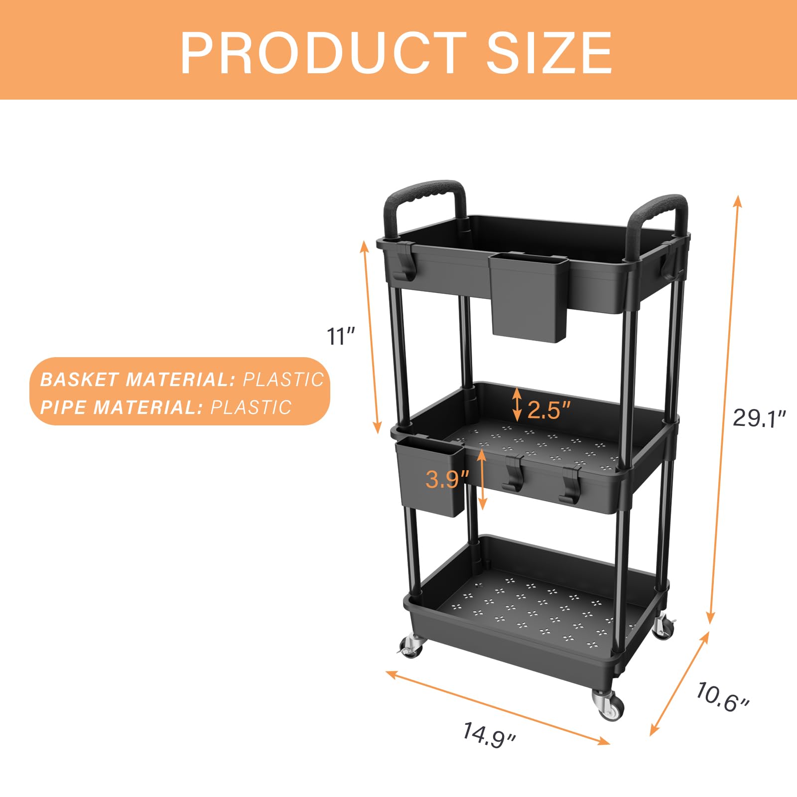 3 Tier Rolling Utility Cart with Handle,REBECAT Utility Cart Made of Multifunctional Storage Organizer Tool for Kitchen,Bathroom,Living Room,Office(Black)