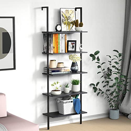 UVII Ladder Shelf Bookshelf, 5-Tier Industrial Bookshelf with Metal Frame and Wood Board, Wall Mounted Bookcase Open Shelf Organizer for Home Office, Bedroom and Living Room, Black Walnut