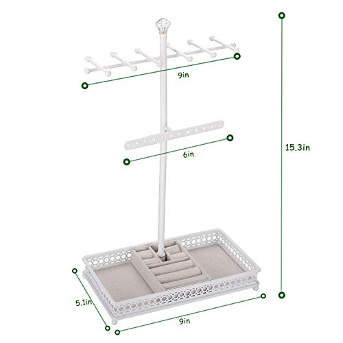 Meangood Jewelry Tree Stand Organizer 3in1 Necklace Organizer Display Bracelet Earrings and Ring Tray Jewelry Holder Hanger Metal(White)