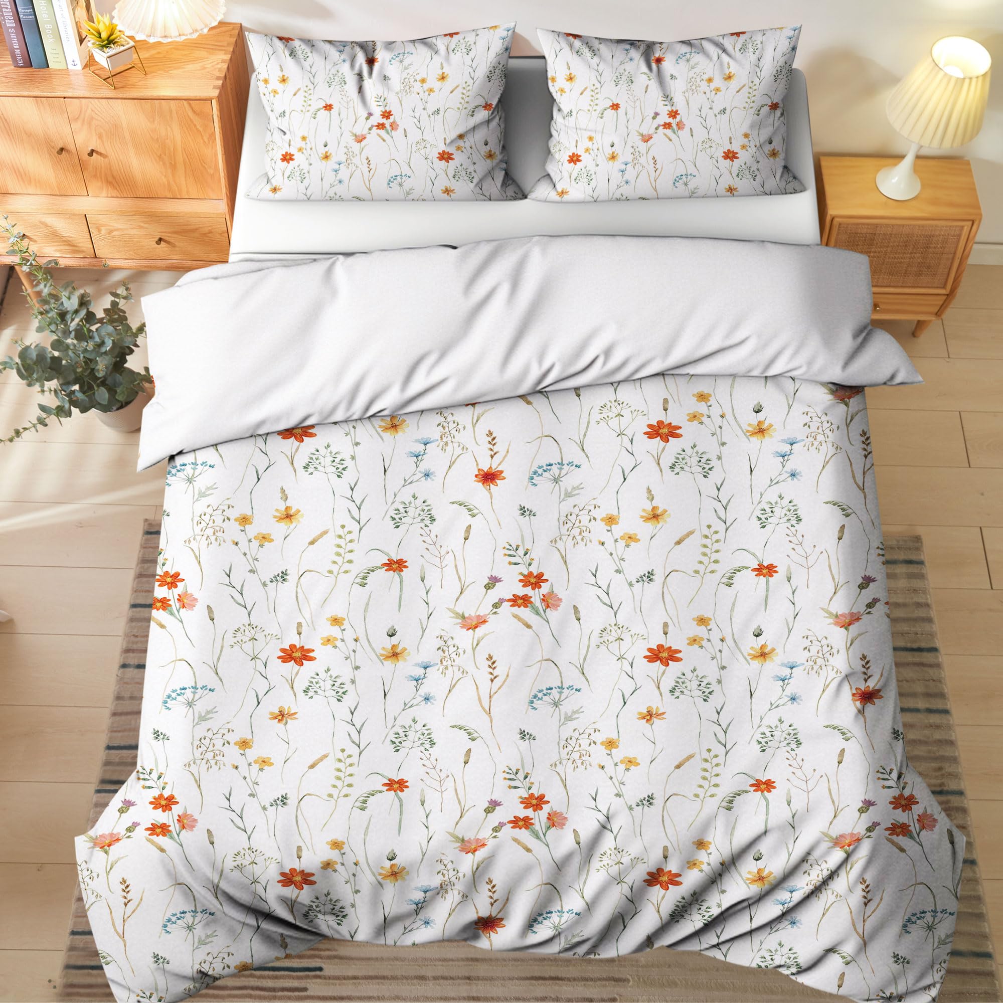 MULLEPP White Floral Duvet Cover Queen Size 3 Piece Farmhouse Yellow Botanical Flowers Leaf Pattern Microfiber Bedding Comforter Cover Set, Soft and Lightweight Quilt Cover for All Season