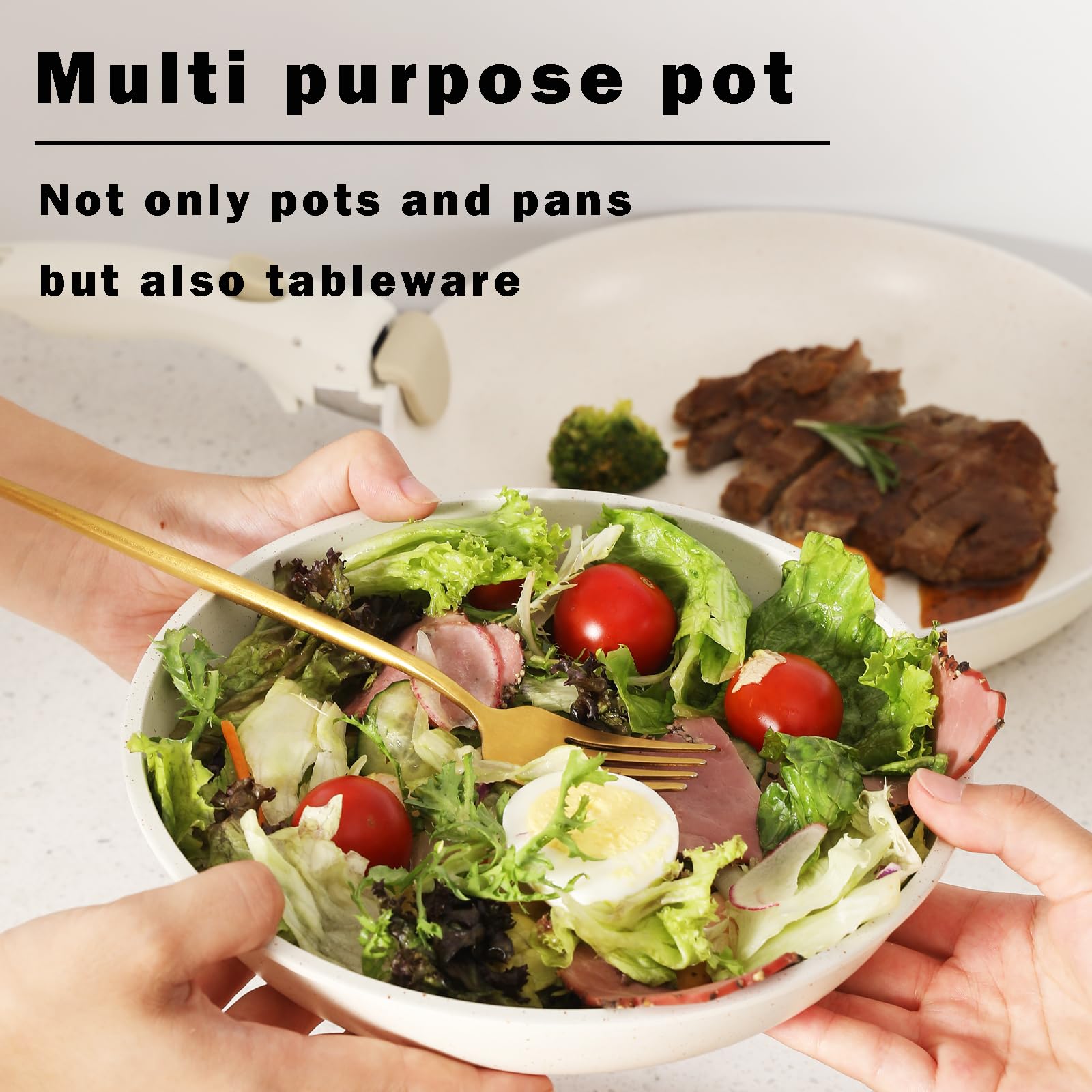 vkoocy Nonstick Deep Frying Pan Skillet, 10.5-inch Saute Pan with Lid, Removable Handle, Healthy Ceramic Cookware Cooking Pan, Gray with Pattern