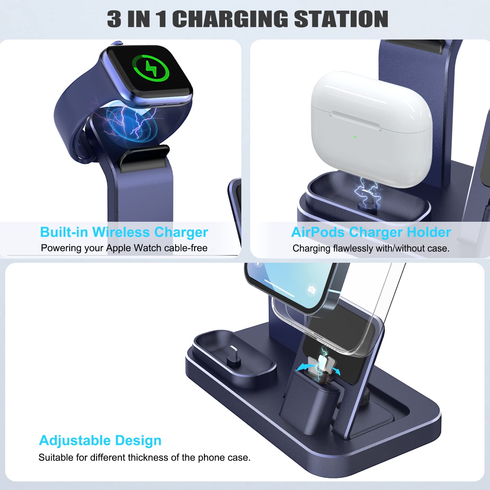 3 in 1 Charging Station for Apple Products, Removable Charging Stand for iPhone Series AirPods Pro/3/2/1, Charging Dock for Apple Watch SE/Ultra/8/7/6/5/4/3/2/1(with 15W Adapter and Cable)(White)