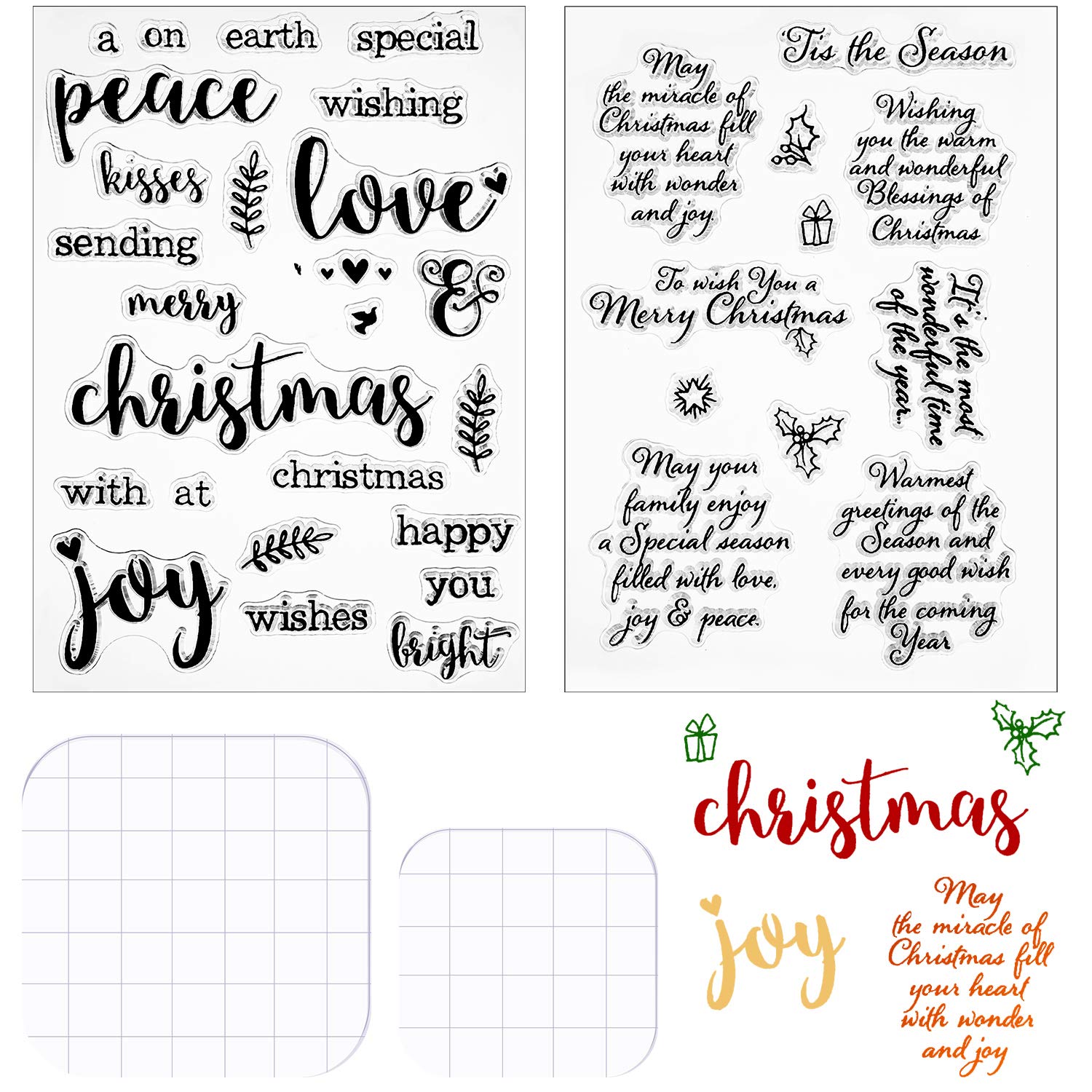 4 Pieces Words Christmas Clear Stamps Set Silicone Christmas Greeting Stamps Sentiments Merry Christmas Crafts Stamps Acrylic Stamp Blocks Tools with Grid Lines for Card Making Decor DIY Scrapbooking