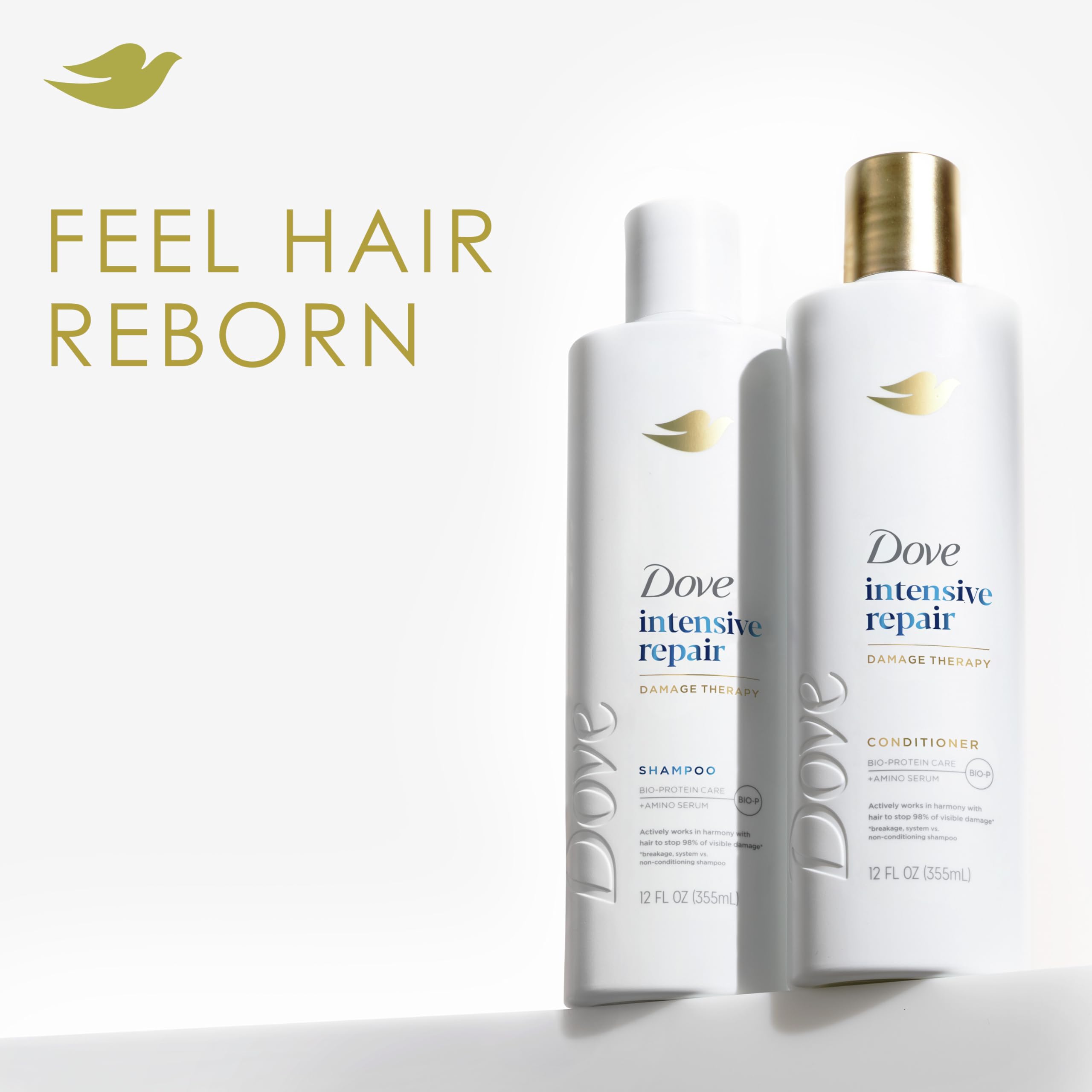 Dove Shampoo and Conditioner 2 Count for Damaged Hair Intensive Repair Bio-Protein Care Technology and Amino Serum 12 Fl Oz