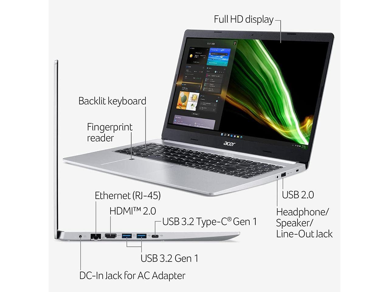 Acer Aspire 5 A515-45 A515-45-R1BF 15.6 Notebook - Full HD - 1920 x 1080 - AMD Ryzen 7 5700U Octa-core [8 Core] 1.80 GHz - 16 GB Total RAM - 512 GB SSD - Pure Silver