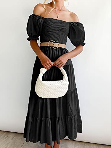 ANRABESS Women's Casual Summer Midi Dress Puffy Short Sleeve Square Neck Smocked Tiered Boho 2023 Spring Dresses for Wedding Bridal Shower 877heise-M Black