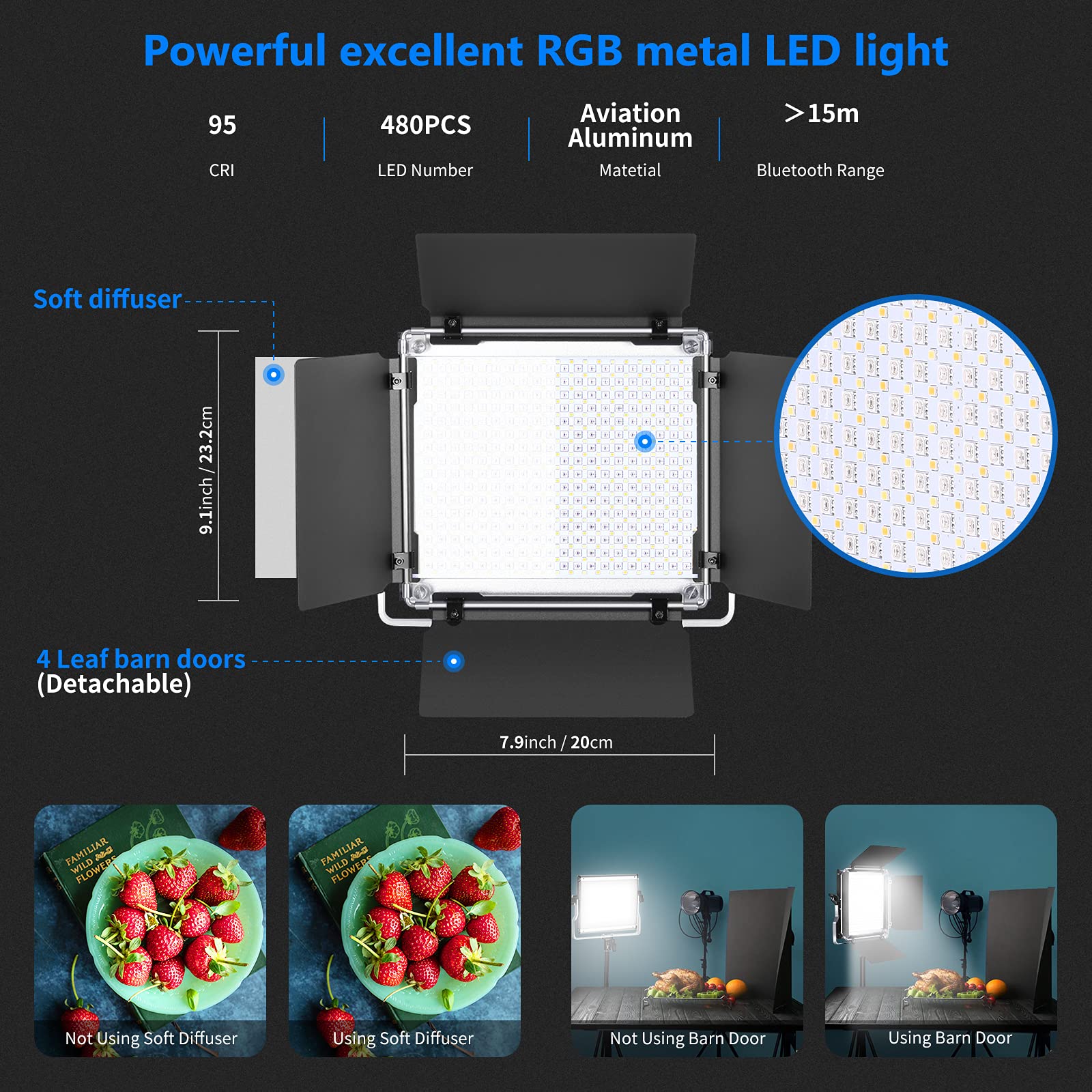 NEEWER 2 Packs 480 RGB Led Light with APP Control, Photography Video Lighting Kit with Stands and Bag, 480 SMD LEDs CRI95/3200K-5600K/Brightness 0-100%/0-360 Adjustable Colors/9 Applicable Scenes