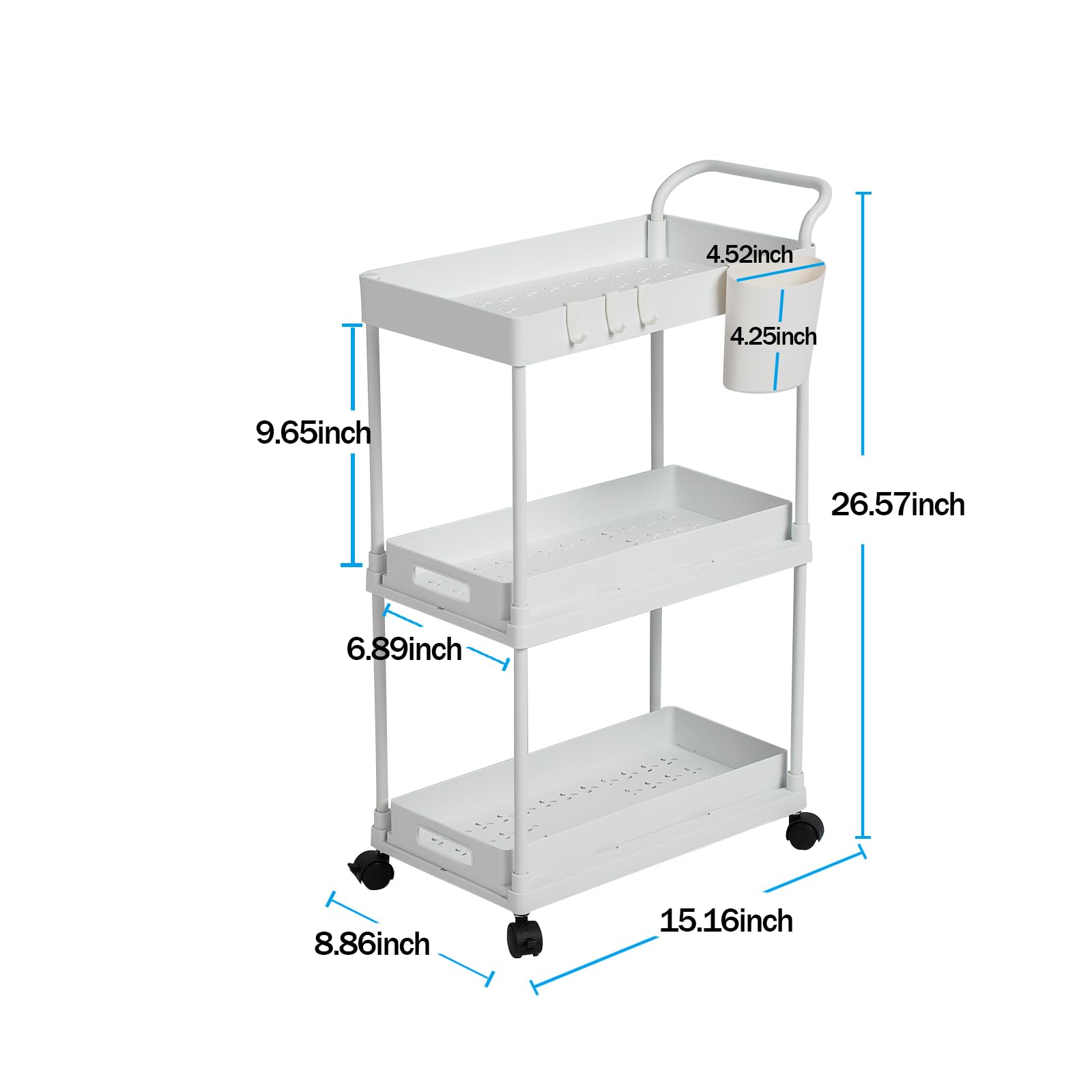 3 Tier Rolling Utility Cart with Drawers, Art Cart, Slide Out Bathroom Organizer with Lockable Wheels, Storage Trolley Cart with 1 Hanging Cups & 3 Hooks for Kitchen Office Laundry (3 Story, White)