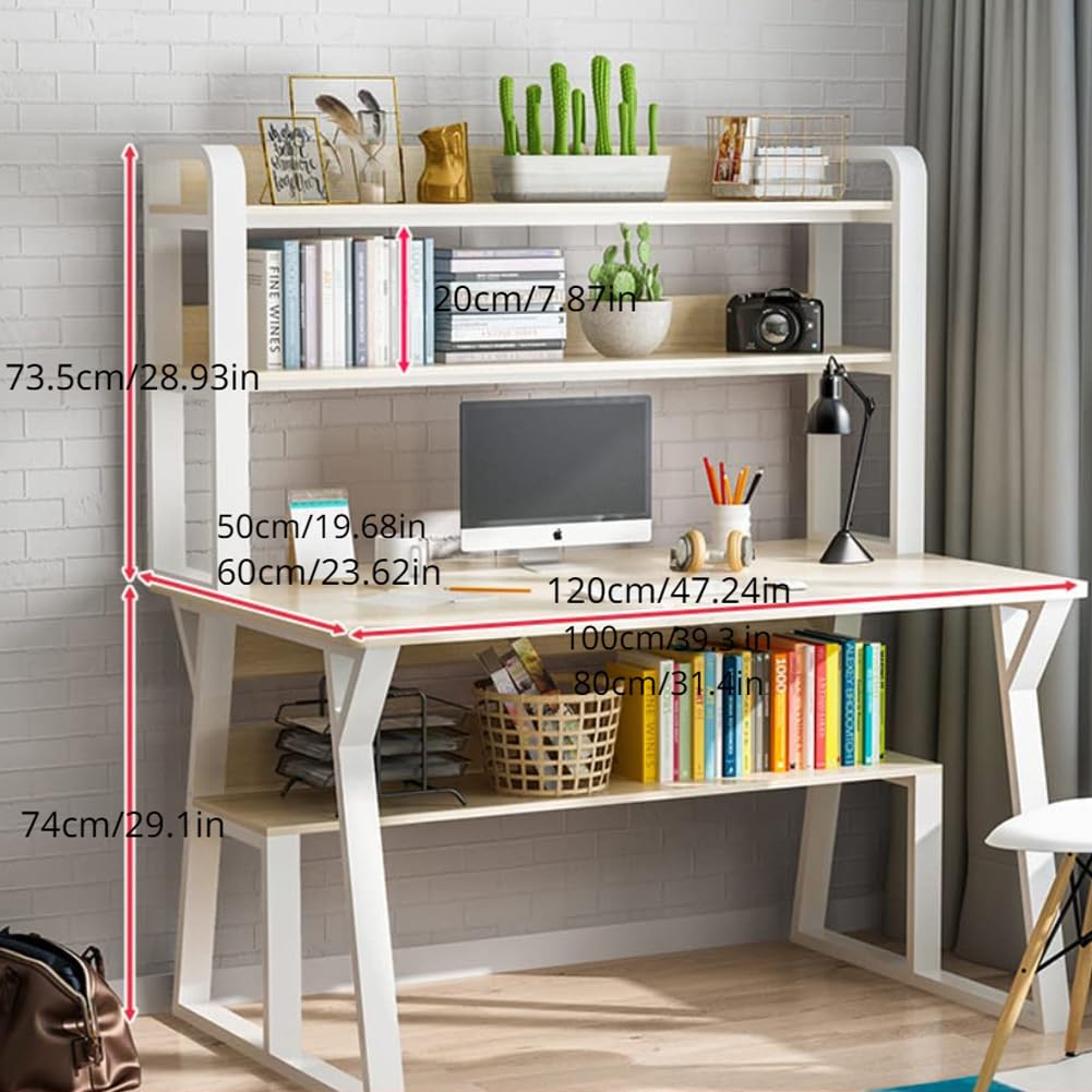 Large Computer Desk with 3-Tier Storage Shelves, Office Desk Study Table Writing Desk Workstation with Bookshelf for Home Office (Wood Color, 39inch)