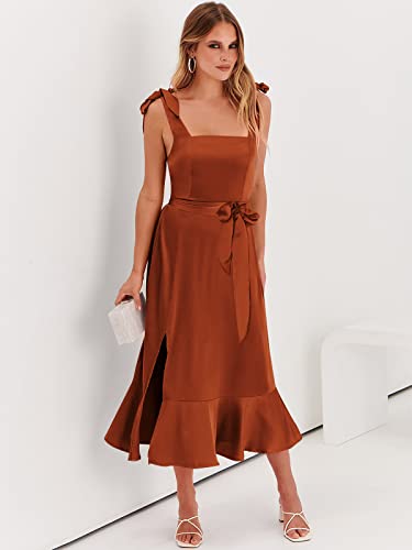 ANRABESS Women's Satin Formal Dress Square Neck Ruffle Split Midi Bridesmaid Dress for Wedding Guest Cocktail Party A1008jiaotang-M Caramel