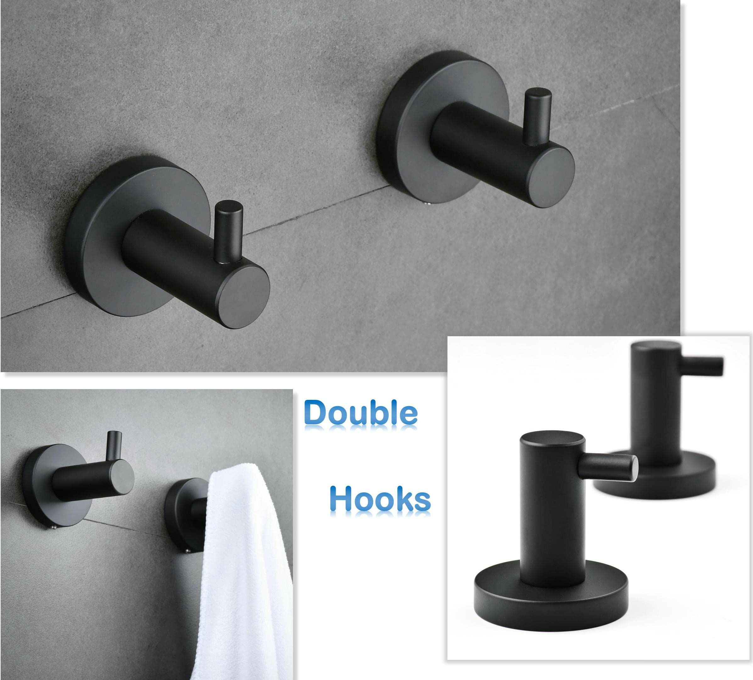 SHUNLI 5-Piece Bathroom Hardware Accessories Set Matte Black (Towel Bar Adjustable 16β to 26β, Toilet Paper Holder, Towel Ring, 2 PCS Towel Hook) Wall Mounted, SUS304 Stainless Steel