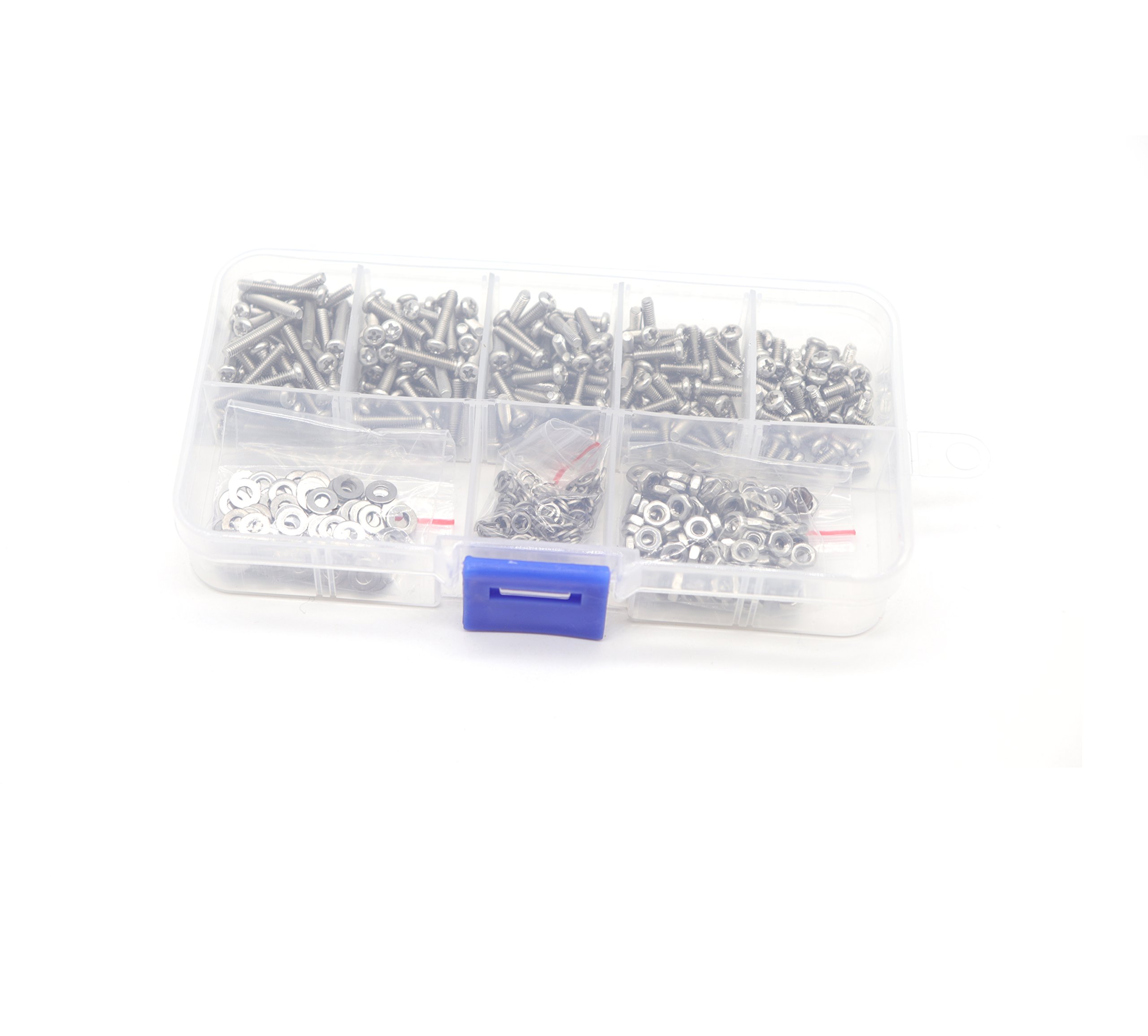 cSeao 550pcs M2.5 Pan Phillips Head Machine Screws Nuts Washers Assortment Kit, 304 Stainless Steel, M2.5 x 5mm/ 8mm / 10mm / 12mm / 16mm