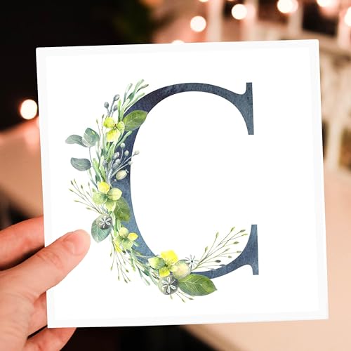 3dRose Greeting Card - Blue Monogram Initial C With Pretty Yellow Wild Flowers - Floral Monograms