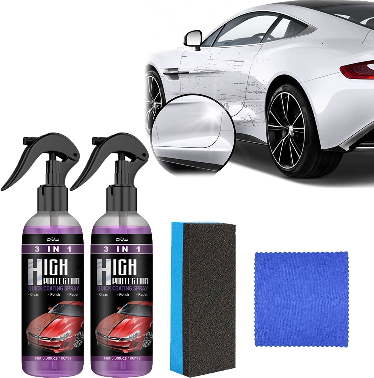 3 in 1 high Protection Fast car Ceramic Coating Spray, Plastic Parts refurbisher, Fast fine Scratch Repair, Fast car Coating, car Scratch Nano Repair Spray, (2 Pieces 200ml) + Brush Cloth