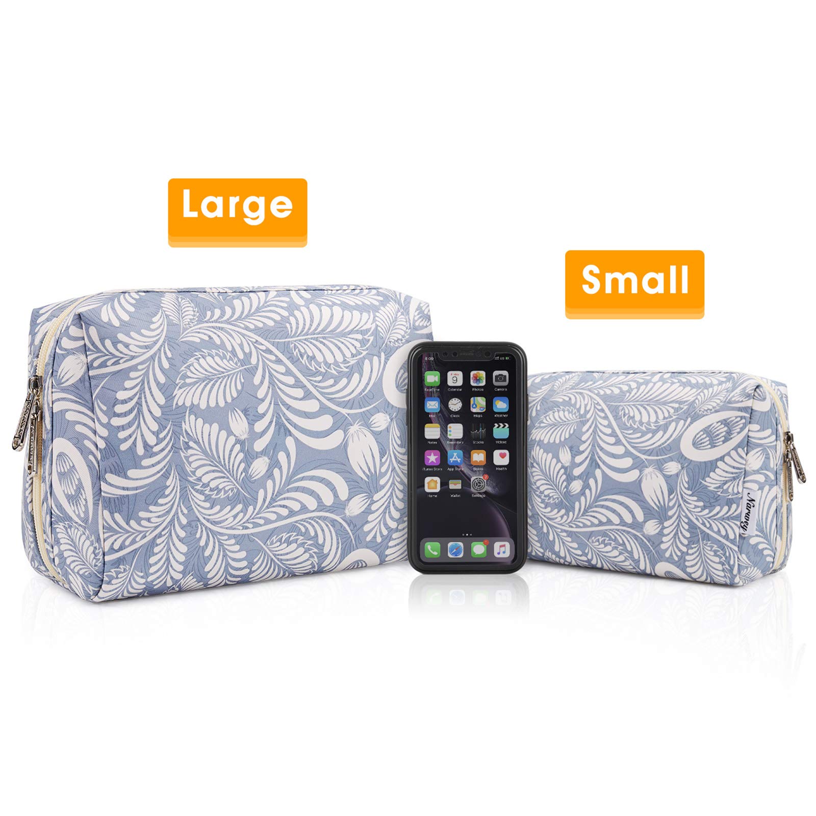 Narwey Cute Makeup Bag Travel Cosmetic Bag Organizer Toiletry Bag Make Up Bags with Compartments for Women Girls (Large, Blue Leaf)