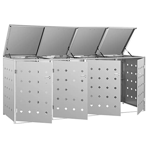 vidaXL Quadruple Wheelie Bin Shed 63.4 gal Waste Container Enclosure Cover Garbage Trash Bin Box Home Garden Household Supply Stainless Steel