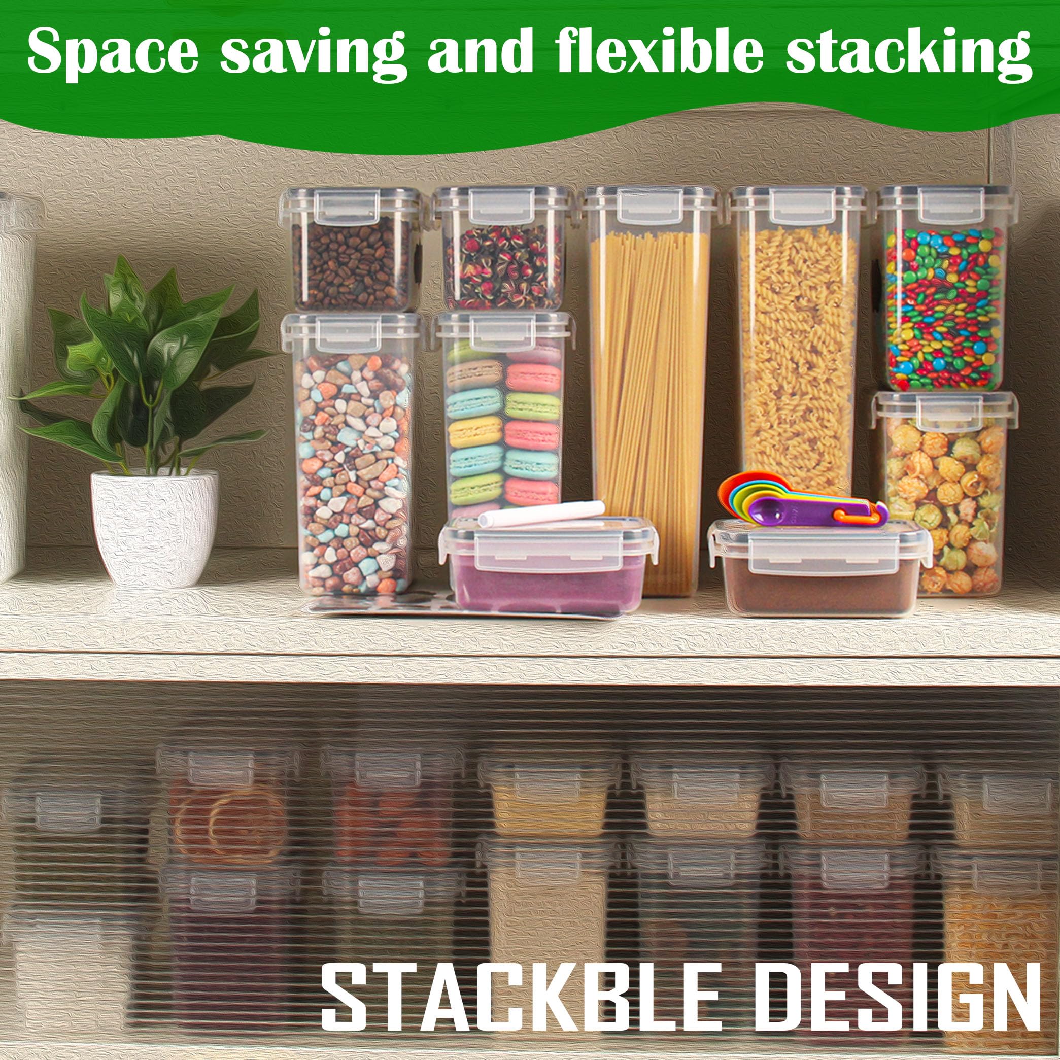 Airtight Food Storage Containers with Lids Set 10 Pack, Clear Plastic Pantry & Kitchen Organizers and Storage for Cereal Flour Pasta Snacks Sugar & Dry Food, BPA Free, with multiple Labels & Spoons