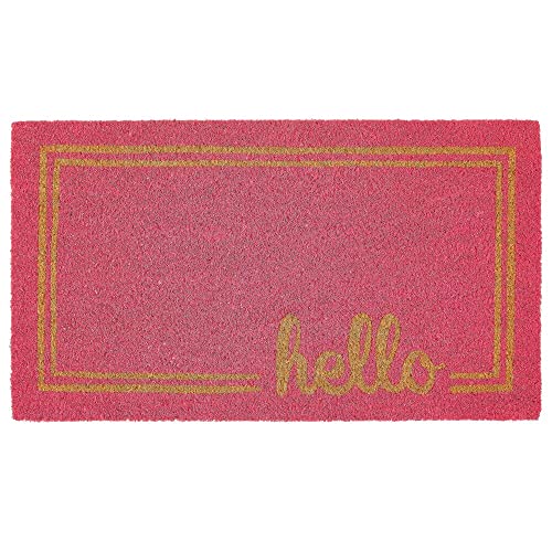 mDesign Rectangular Coir and Rubber Entryway Welcome Doormat with Natural Fibers for Indoor or Outdoor Use - Decorative Script Hello Design - Dark Pink/Natural