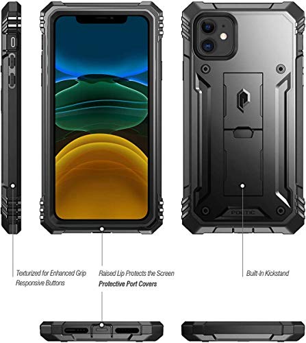 Poetic iPhone 11 Rugged Case with Kickstand, Full-Body Dual-Layer Shockproof Protective Cover, Built-in-Screen Protector, Revolution Series, for Apple iPhone 11 (2019) 6.1 Inch, Black