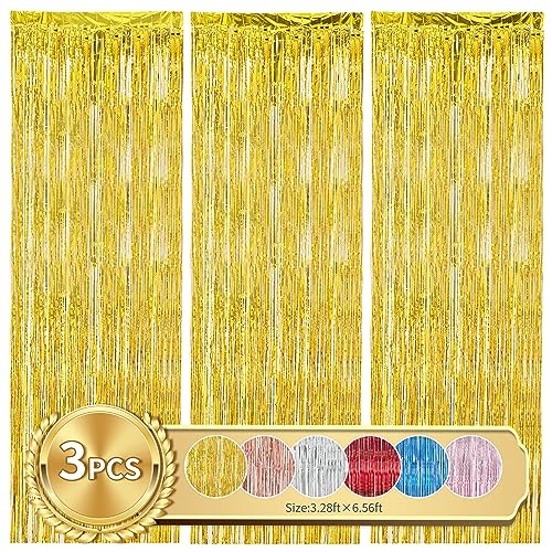 3Pack Tinsel Foil Fringe Curtains, Glitter Foil Fringe Curtain, Suitable for Birthday Backdrop, Christmas Decorations, Photo Backdrop, New Year Decor, Wedding Decoration, Party Decorations (Gold)