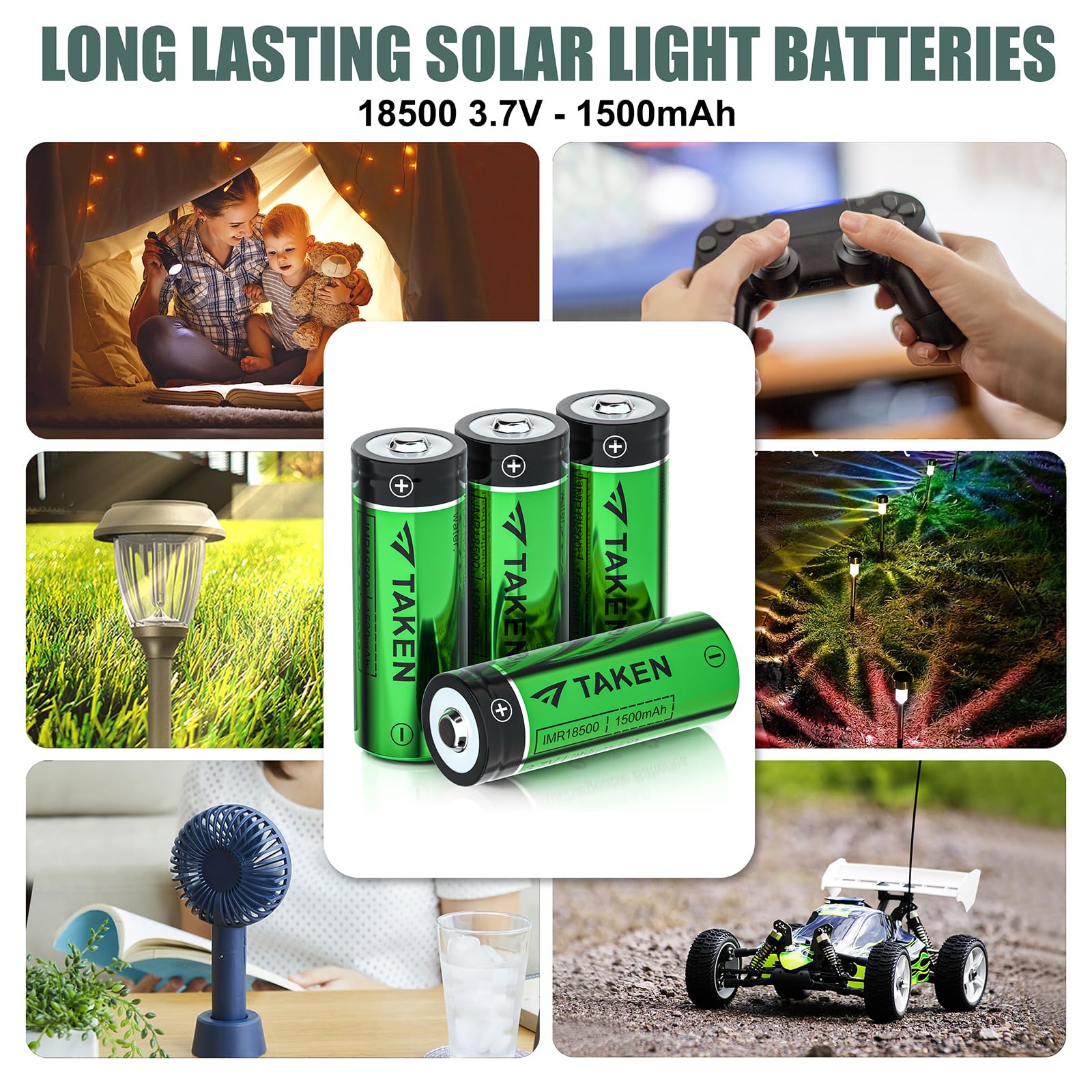 Taken Garden Solar Light Batteries, IMR 18500 1500mAh 3.7V Li-ion Rechargeable Solar Batteries for Outdoor Solar Lights, LED Flashlights, Landscape Lighting - 4 Pack