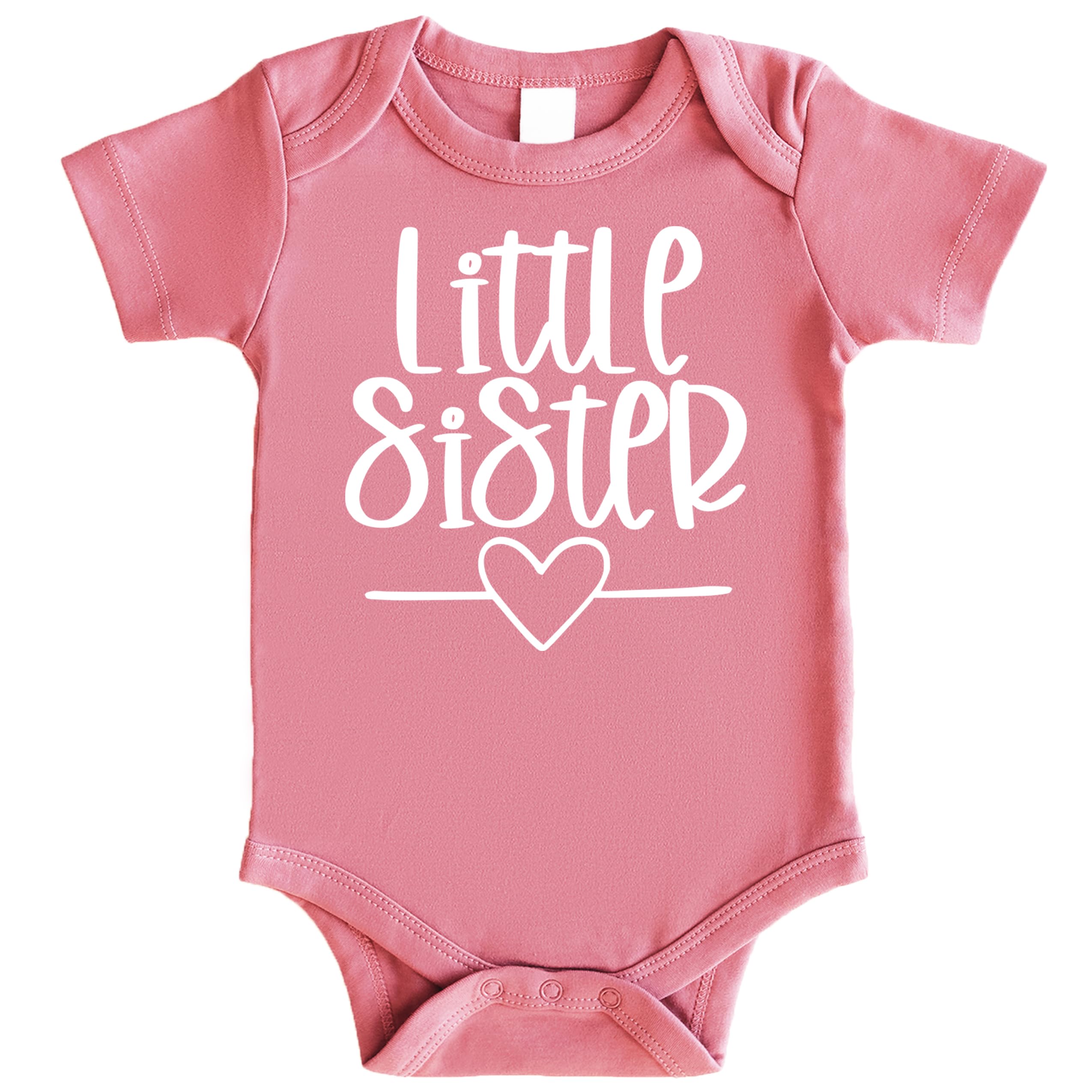 Olive Loves Apple Little Sister Heart Bodysuit for Baby Girls Sister Sibling Outfits White on Mauve Bodysuit Newborn
