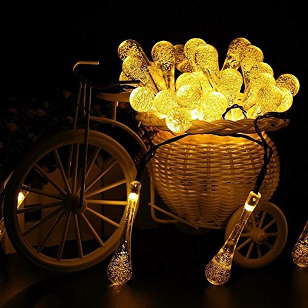 Berocia Solar String Lights Outdoor Waterproof, 20ft 30 LED 8 Modes Outdoor Water Drop Solar Powered String Lights for Patio, Solar Garden Lights for Yard Porch Wedding Party Decoration