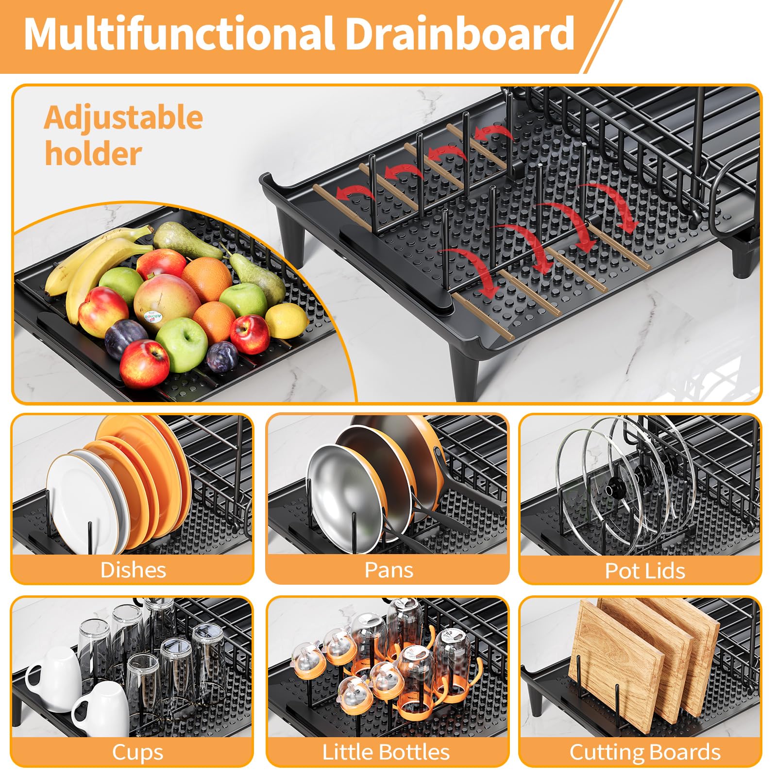 Urackify Dish Drying Rack, Expandable Dish Rack for Kitchen Counter, Large Collapsible Countertop Dish Drainer with Pan & Pot Holder, Stainless Steel Dish Strainer with Cup & Utensil Holder