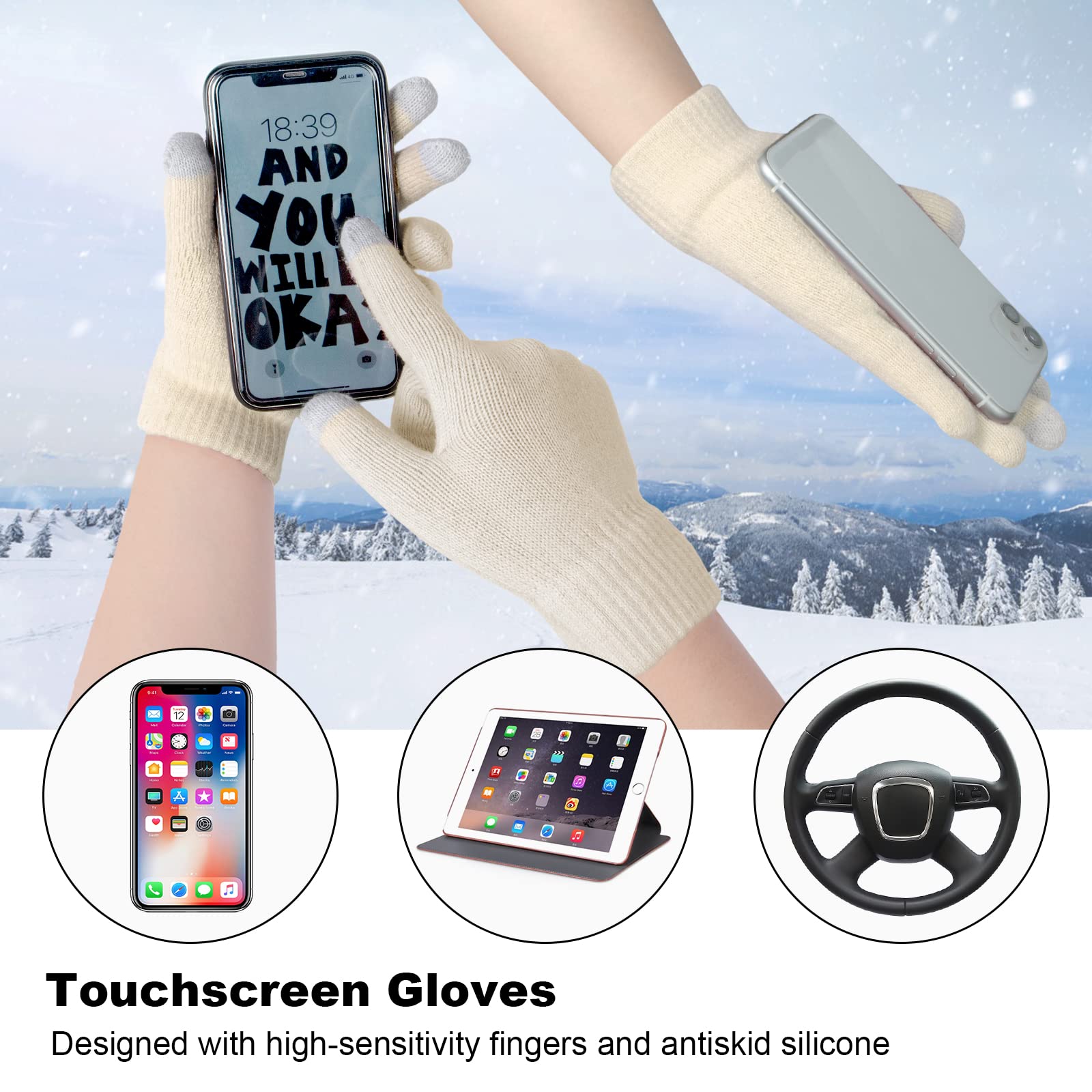 3 in 1 Winter Hat Scarf Glove Set for Women, Warm Fleece Lined Knit Beanie Hat Touchscreen Mittens and Neck Warmer, Beige