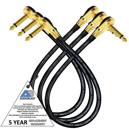 3 Units - 18 Inch - Audioblast HQ-1-BRAID (Black) - Ultra Flexible -Dual Shielded(100%) -Instrument Effects Pedal Patch Cable w/Low-Profile, R/A Gold Pancake TS(6.35mm) Plugs & Dual Staggered Boots