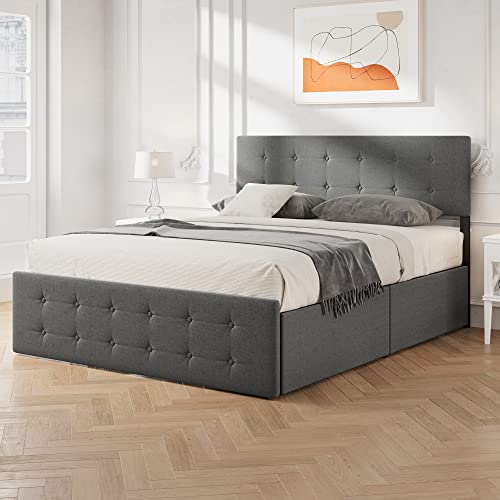 Amyove Queen Bed Frame with 4 Storage Drawers,Fits 8'' 10'' 12" Mattress (Queen (U.S. Standard)), Grey (Bed 0927)