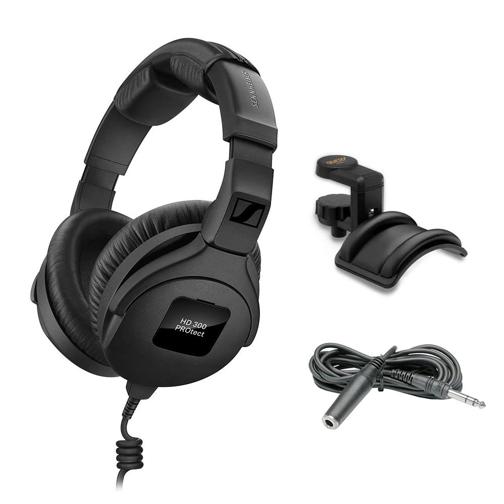 Sennheiser HD 300 Pro Headphones, Black with Headphone Holder & Stereo 1/4" Male Phone TRS Headphone Extension Cable 10'