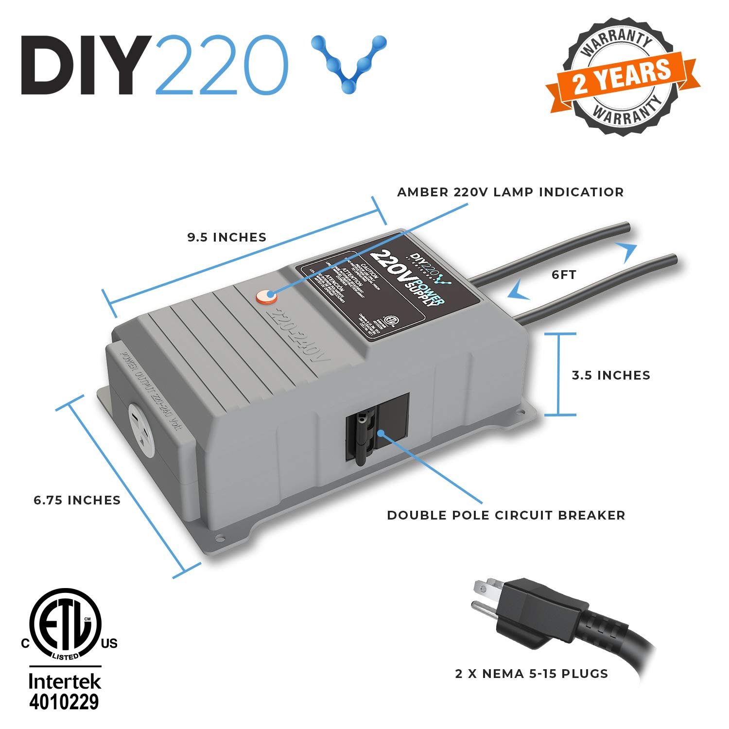 K KRIËGER DIY220 Quick Connect 220V Power Supply, Power 208-240 Volts from Two Separate 110/120V AC Circuits, 220V 15A AC Output Outlet with GFCI Outlet Circuit Tester