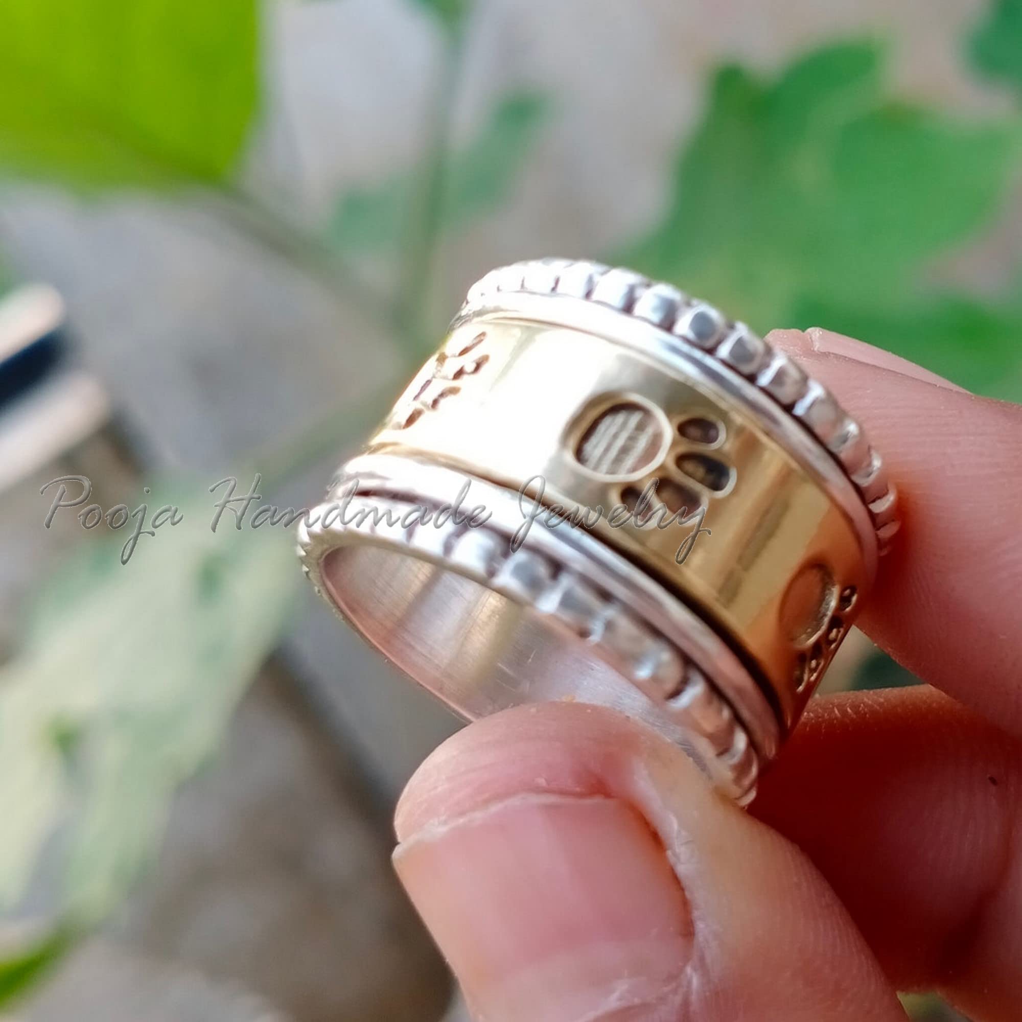 Paw Print Spinner Ring, Solid 925 Sterling Silver Ring, Brass Footprint Ring, Meditation Ring, Handmade Ring and Paw Symbol Spinner Ring for Women, Anxiety Ring, Mediation Ring and Fidget Spinner Ring