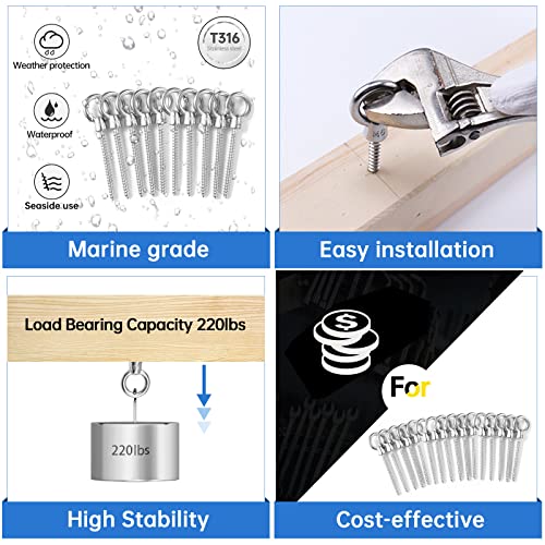 Muzata 10Pack 3.8Inch M6 Screw Eye Hook Wood Screws Metal Hook T316 Stainless Steel for Wood Securing Cable Wire Terminal Ring Eyelet Stand Self Tapping Eye Bolt Indoor Outdoor CN02