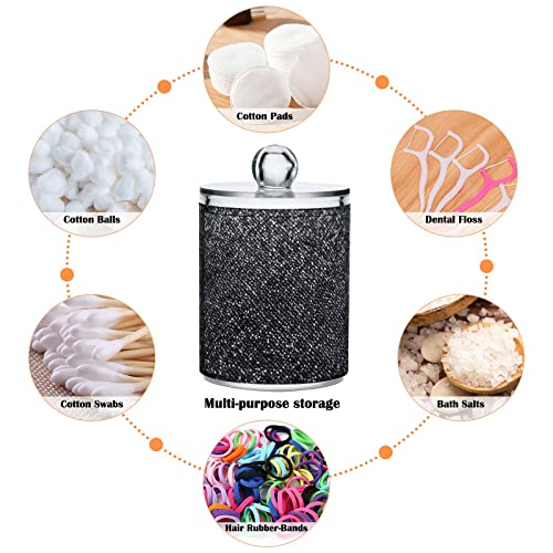 ALAZA 2 Pack Qtip Holder Dispenser Sequin-Black Glitter Bathroom Organizer Canisters for Cotton Balls/Swabs/Pads/Floss,Plastic Apothecary Jars for Vanity
