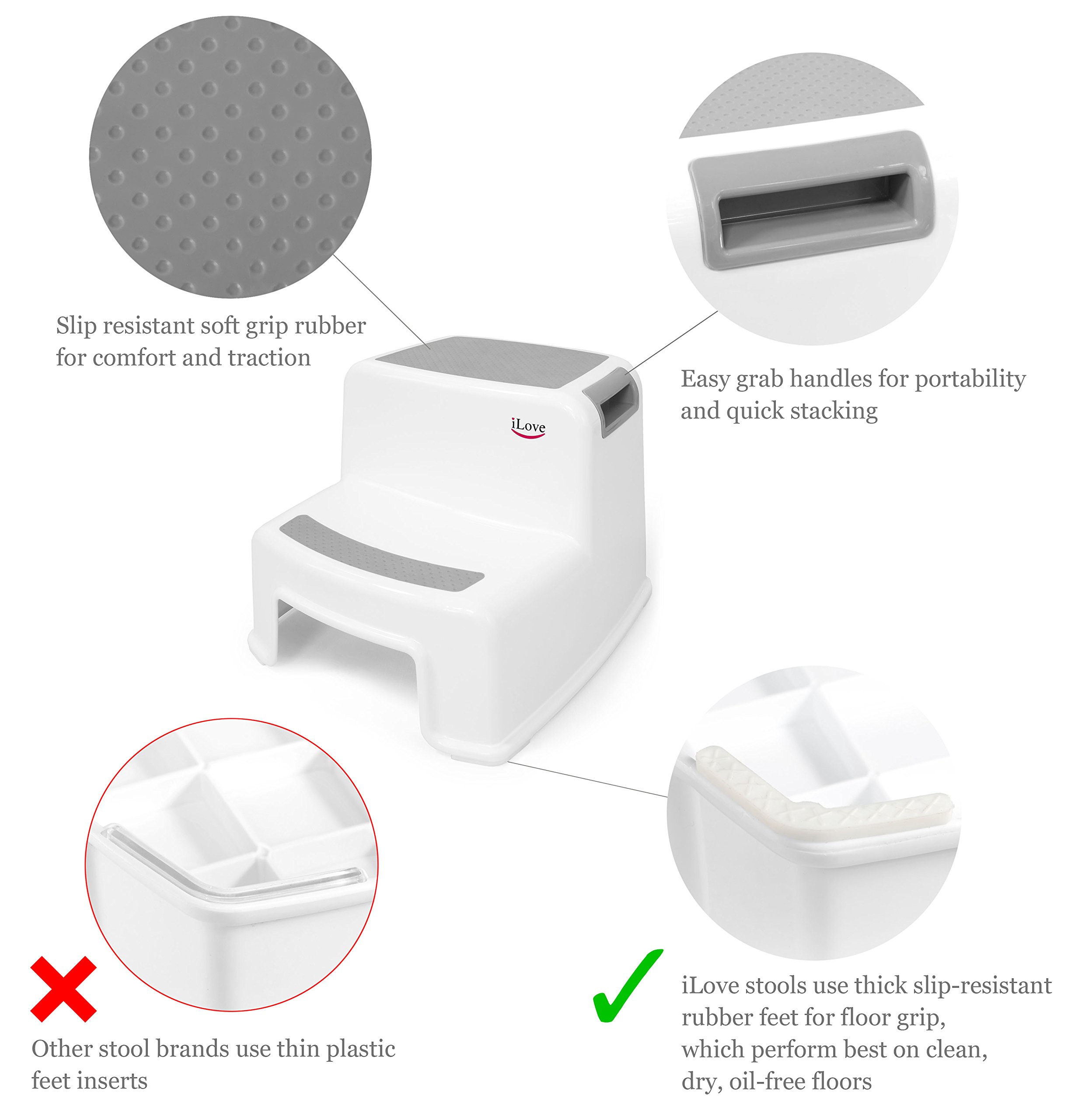 iLove 2 Step Stool for Kids and Toddlers, Bathroom and Toilet Stool for Potty Training, Slip-Resistant Soft Grips, Kitchen Stool with Handles, Dual Height - Gray (1 Pack)