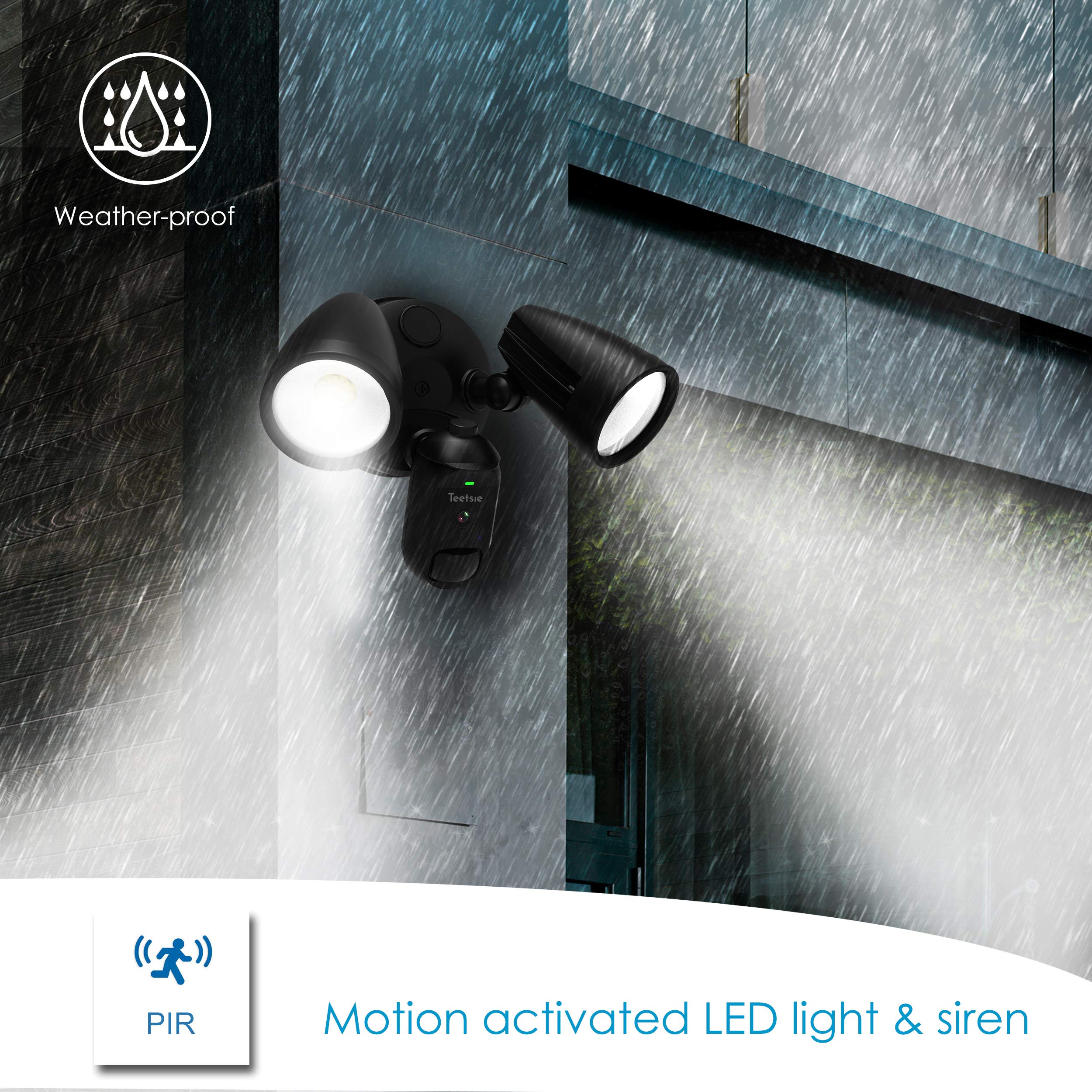 Teetsie Floodlight Camera Hardwired Motion Sensor Outdoor Light with 1080P WiFi Home Security Cam Alexa IP65 Waterproof 2500 lm Night Vision App for Phone 2-Way Audio Siren Alarm MicroSD/Cloud Storage