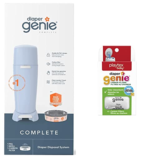 Diaper Genie Complete Diaper Pail (Blue) with Antimicrobial Odor Control, 1 Carbon Filter & Carbon Filter (4-Pack) | Diaper Pail Odor Eliminator & Deodorizer