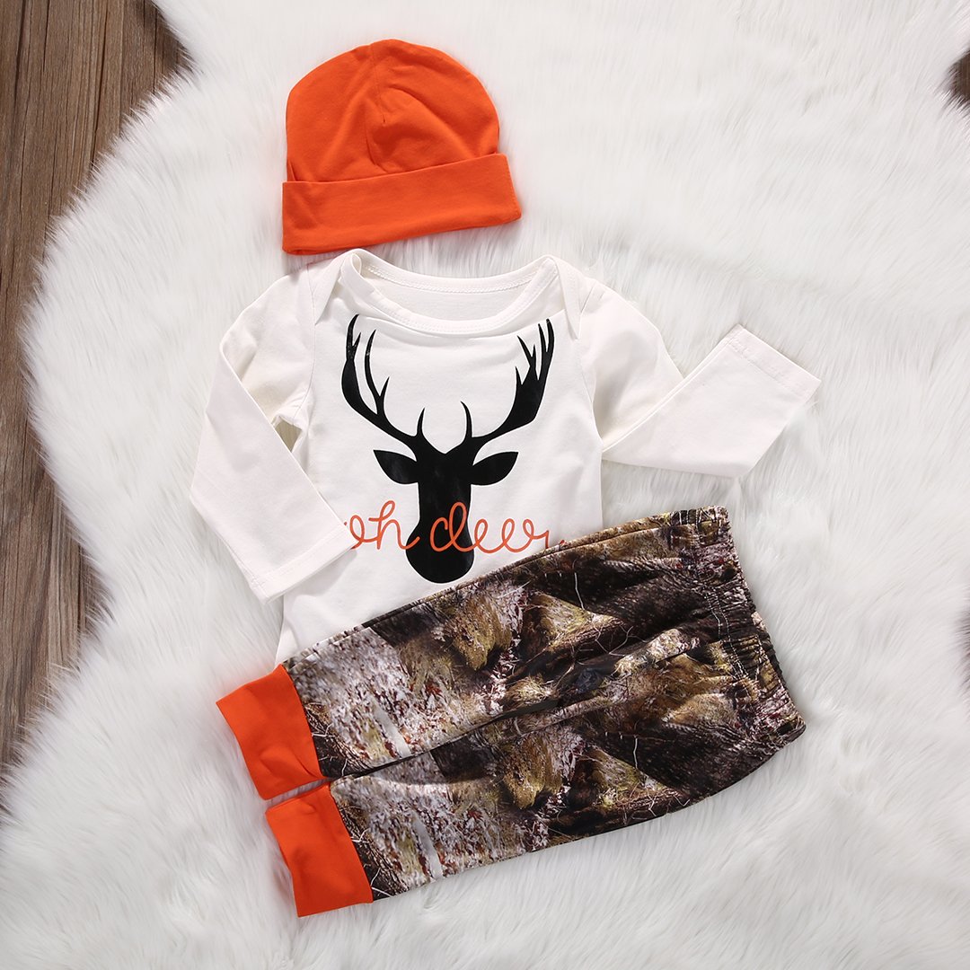 Shejingb Newborn Baby Boys Long Sleeve Letters Deer Romper Bodysuit Tops Camo Pants with Hat 3 Pcs Outfit Clothes Set (0-3 Months, Orange)