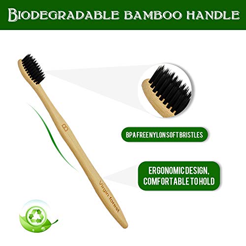 Virgin Forest Bamboo Toothbrushes, Eco Friendly BPA Free Soft Bristles Toothbrush, Biodegradable Natural Wooden Toothbrushes, Vegan Organic Bamboo Charcoal Tooth Brush for Sensitive Gums Set of 10