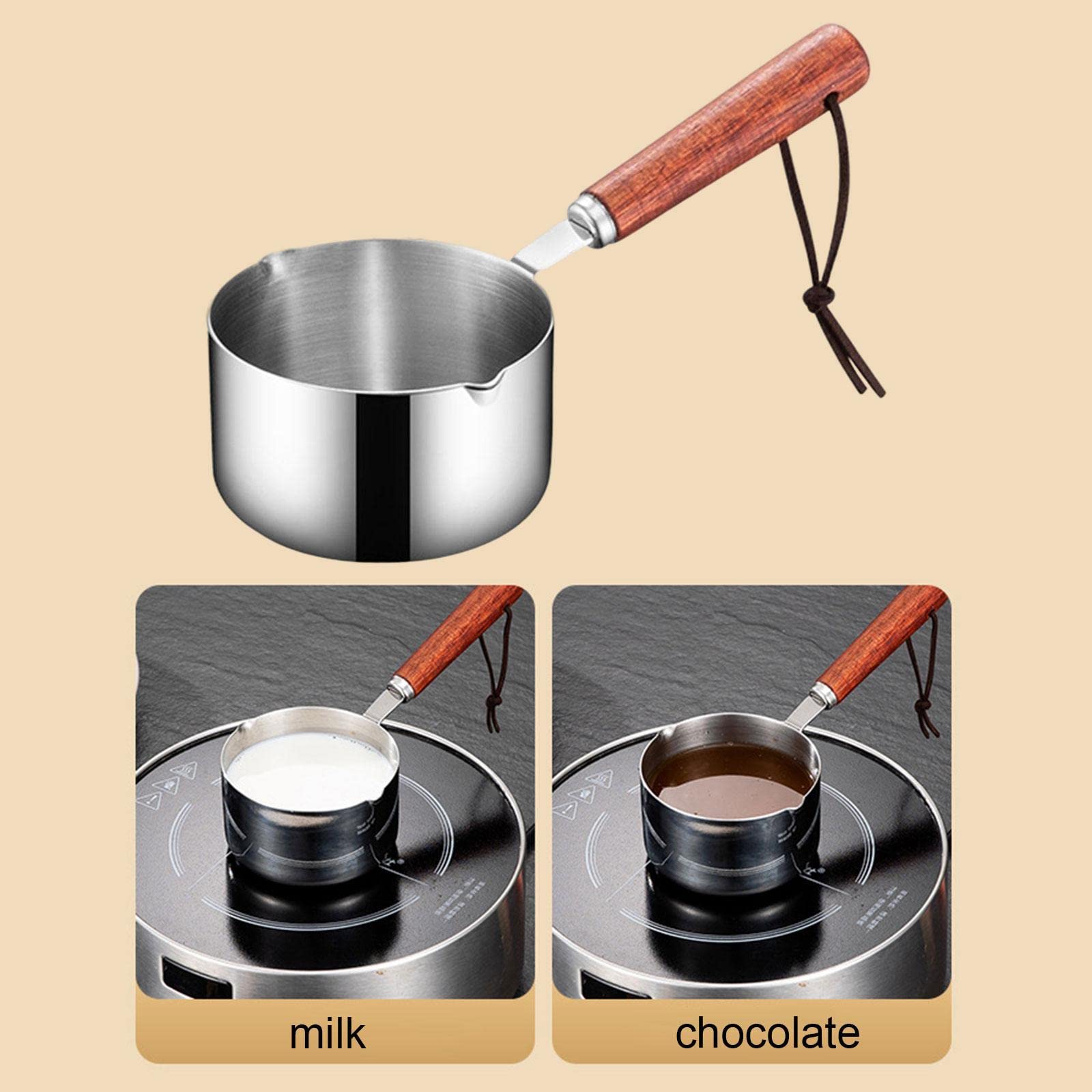 Leefasy 304 Stainless Steel Mini Soup Pot with Wooden Handle Breakfast Pot Milk Pan Small Saucepan for Making Sauces Reheating Soup Heating Milk, 250ml