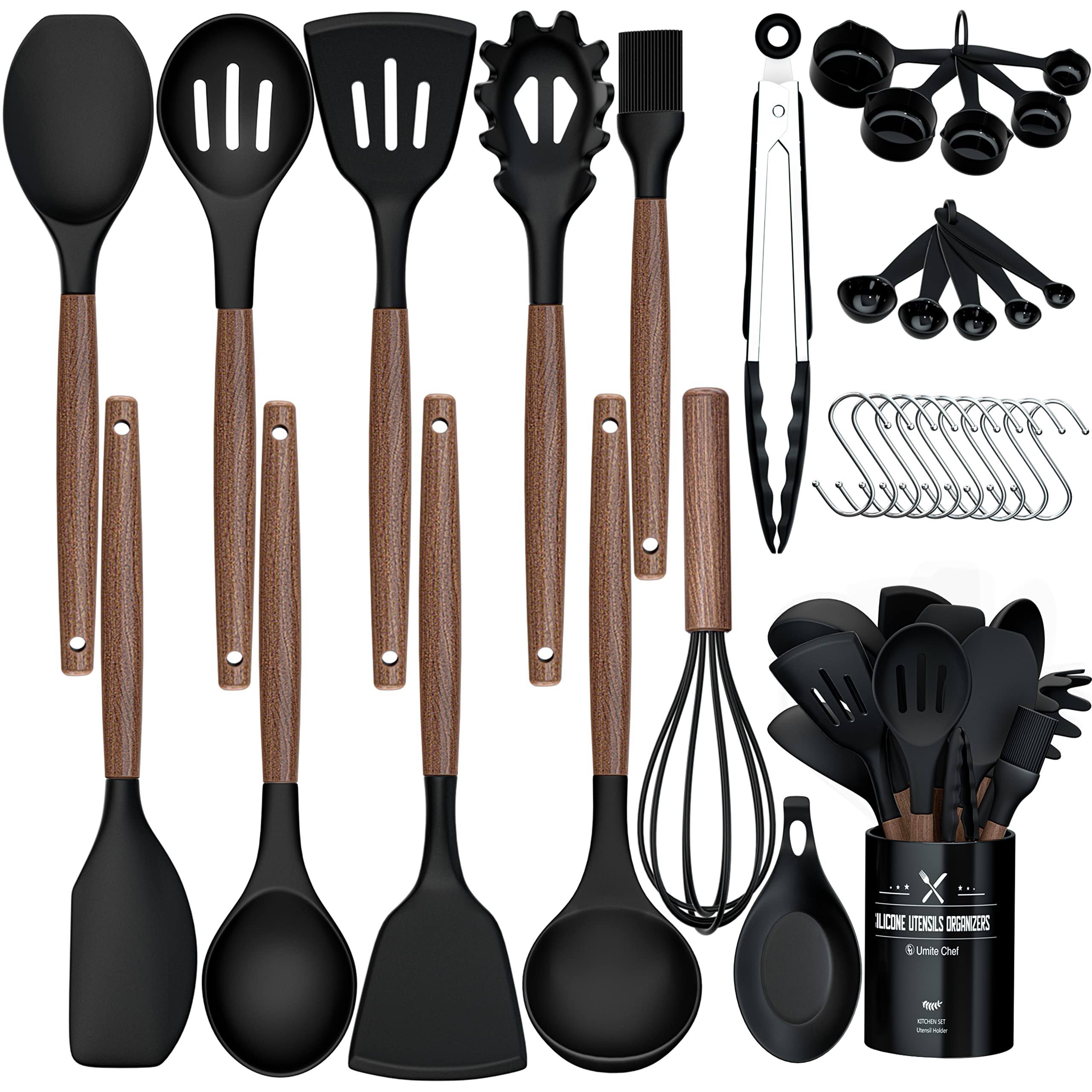33 Pcs Silicone Kitchen Utensils Set, Kitchen Cooking Utensils Set with Black Natural Walnut Hard Wood Handle, Silicone Utensils Set with Holder, Heat Resistant, BPA Free, Non Toxic, Black